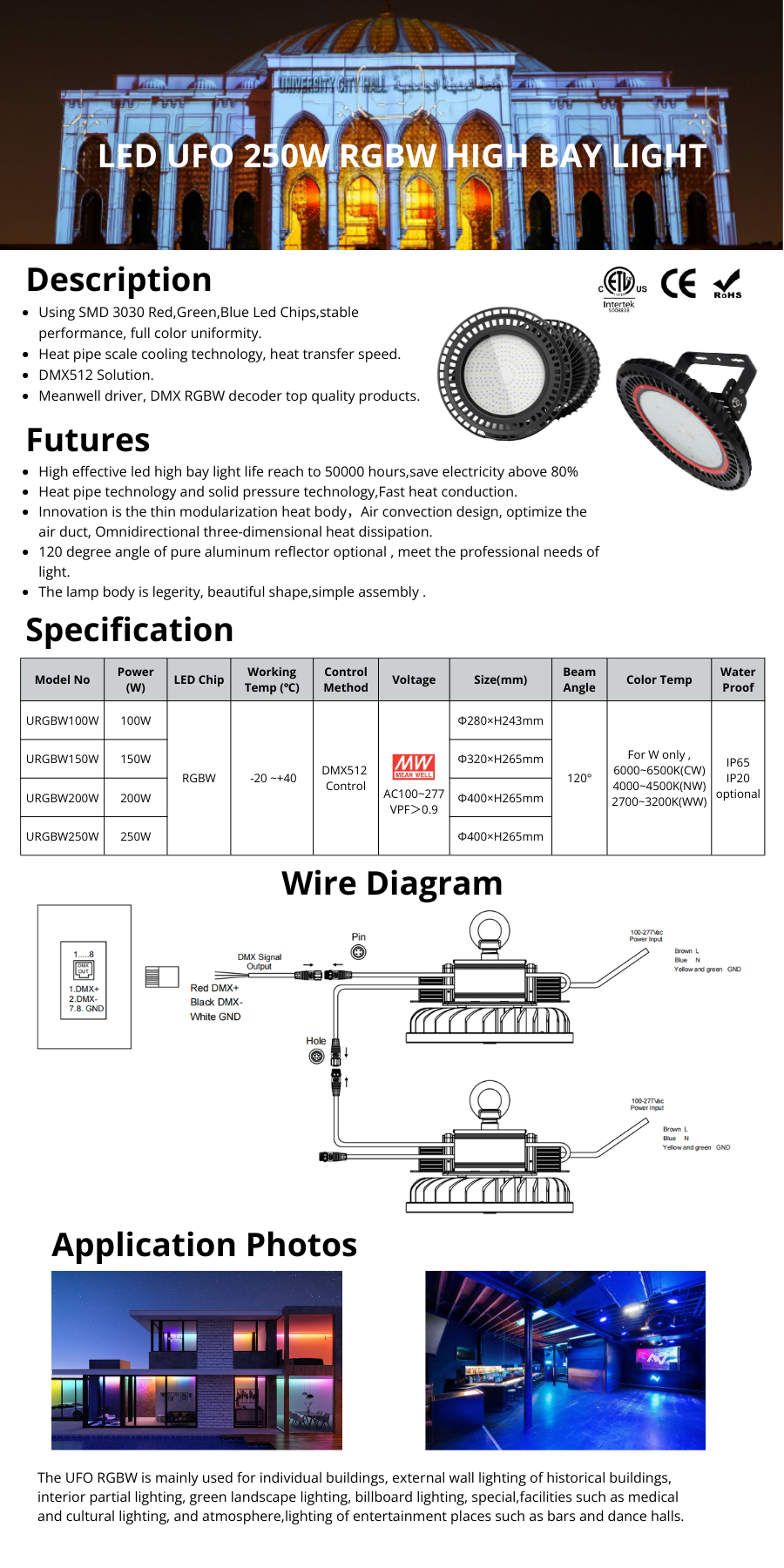 ETL cETL Certified IP65 Light 250W RGBW DMX UFO Light High Bay Light